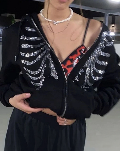 Rhinestone Skeleton Hoodie | Y2K Wave